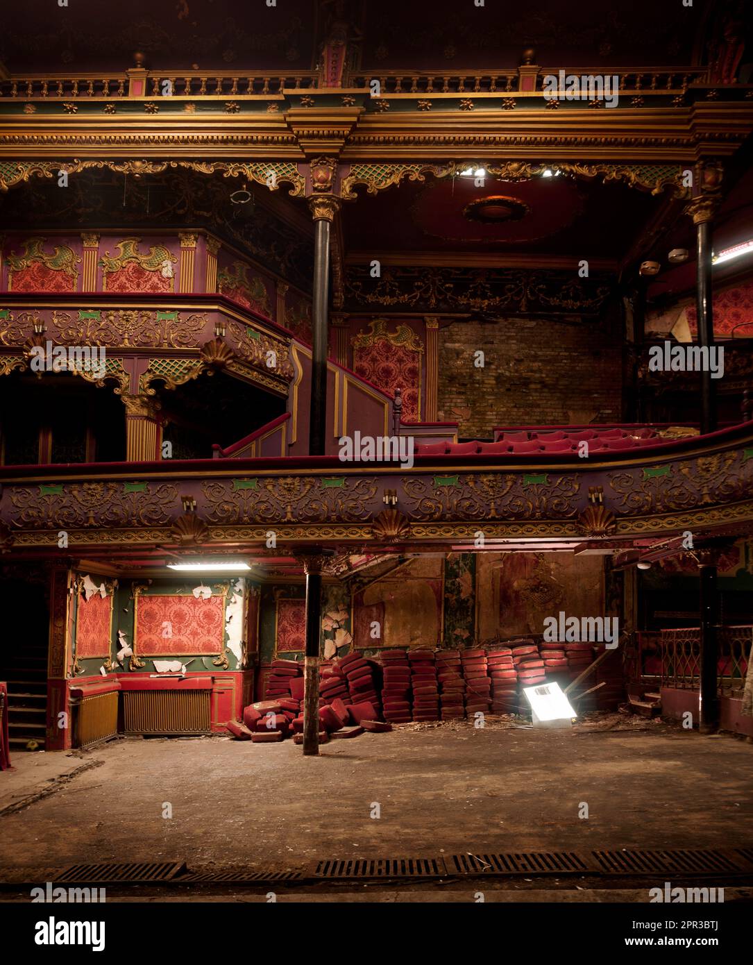 Inside a ruined theatre, the Hulme Hippodrome, Manchester, an abandoned ...