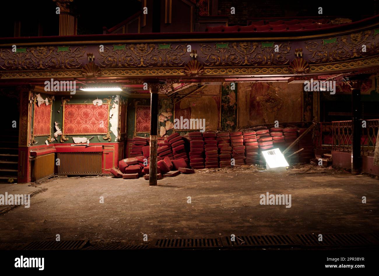Inside a ruined theatre, the Hulme Hippodrome, Manchester, an abandoned ...