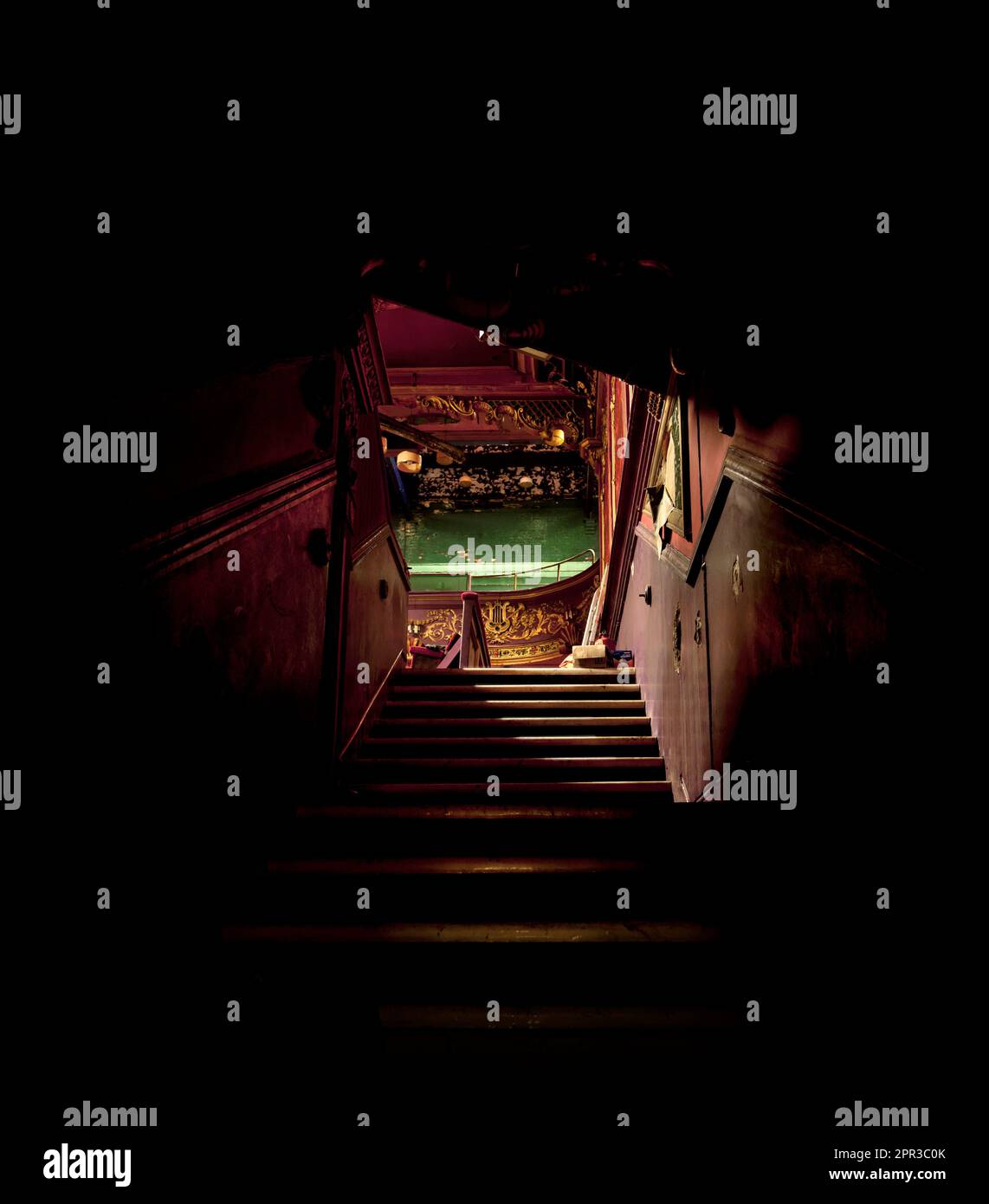 Stairs in a ruined theatre, the Hulme Hippodrome, Manchester, an ...