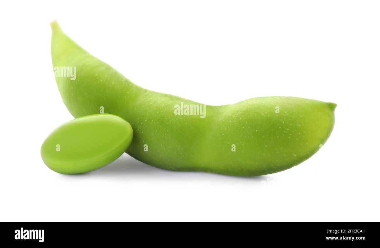 Fresh green edamame pod and bean on white background Stock Photo - Alamy