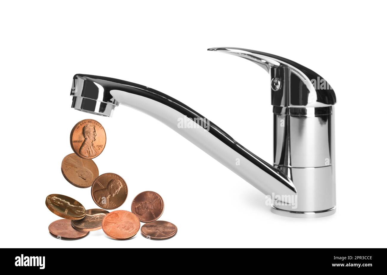 Modern faucet and cent coins on white background Stock Photo - Alamy