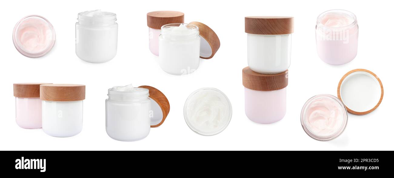 Set with jars of facial creams on white background. Banner design Stock ...