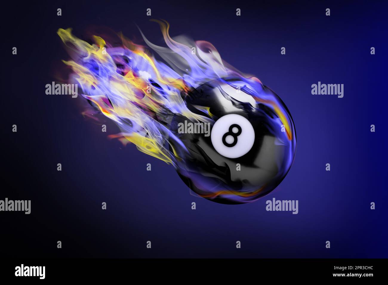 Billiard ball with number 8 in fire flying on color background Stock ...