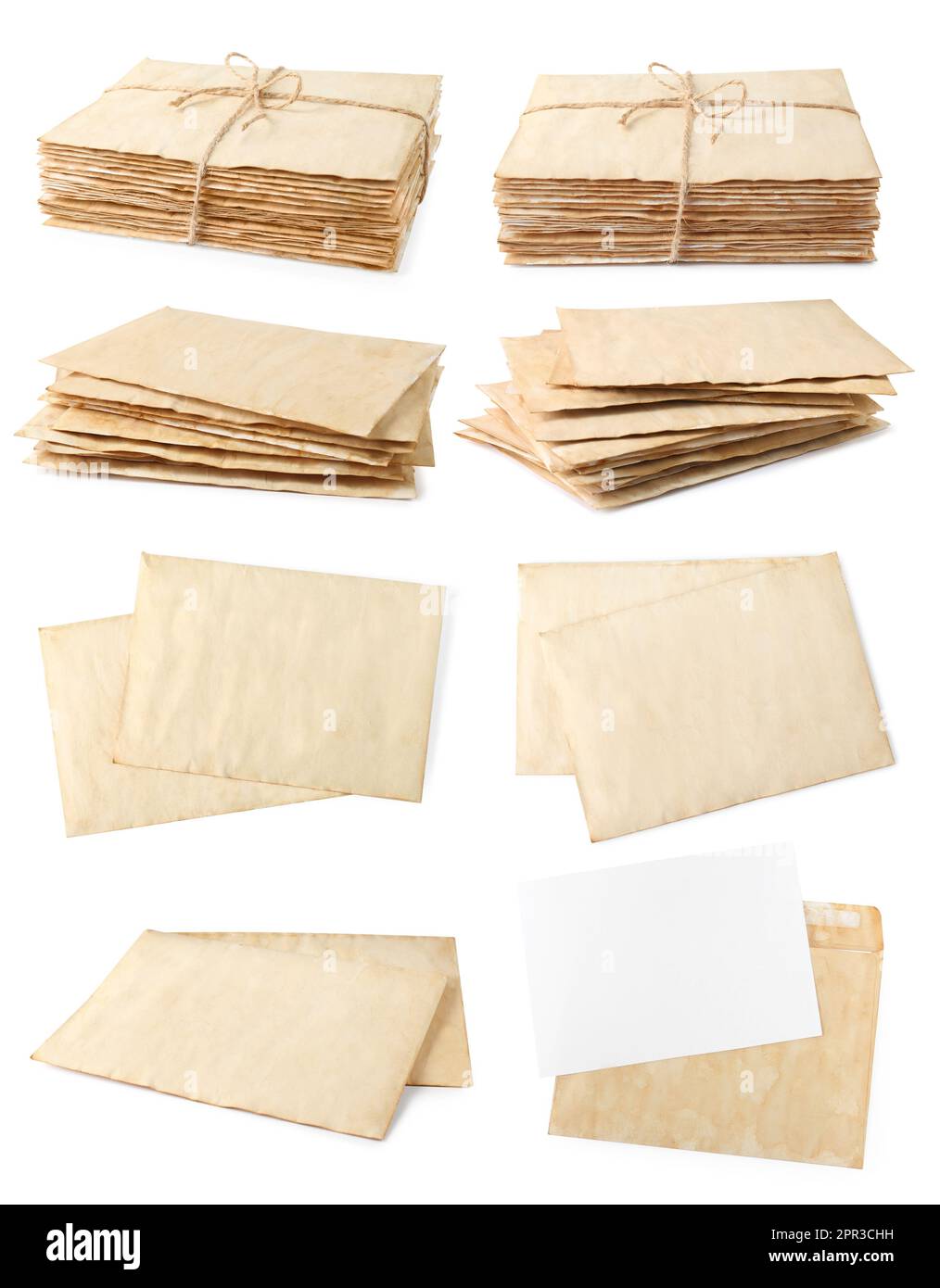 Set with stacks of old letters on white background Stock Photo - Alamy