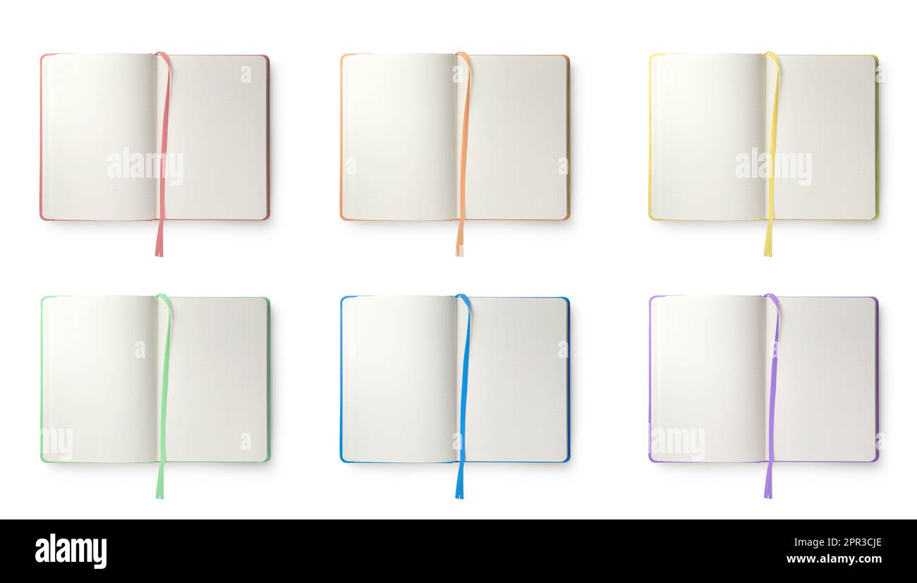 Set with different open notebooks with blank sheets on white background ...