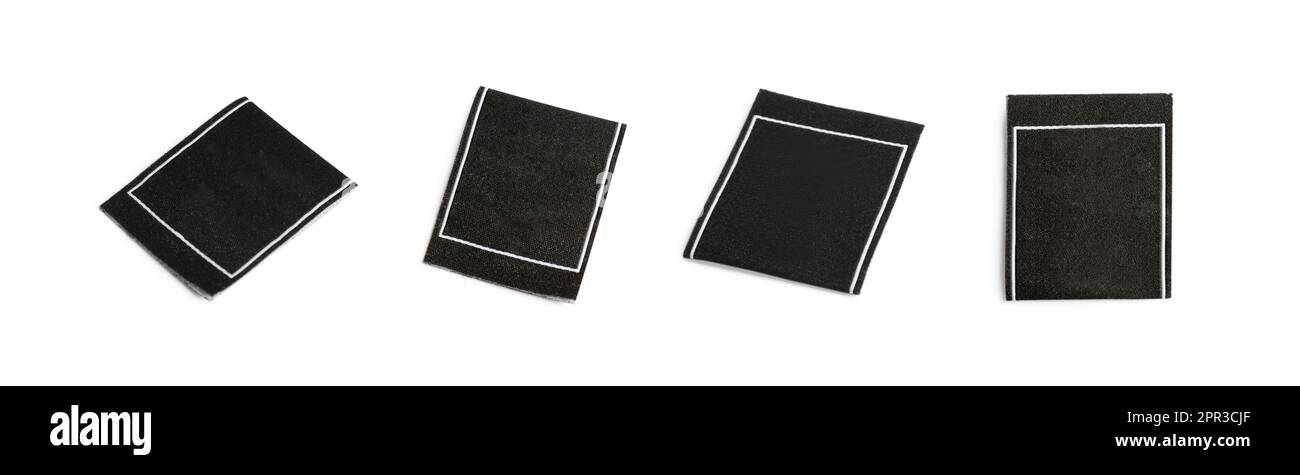 Blank black clothing labels on white background, collage. Banner design ...