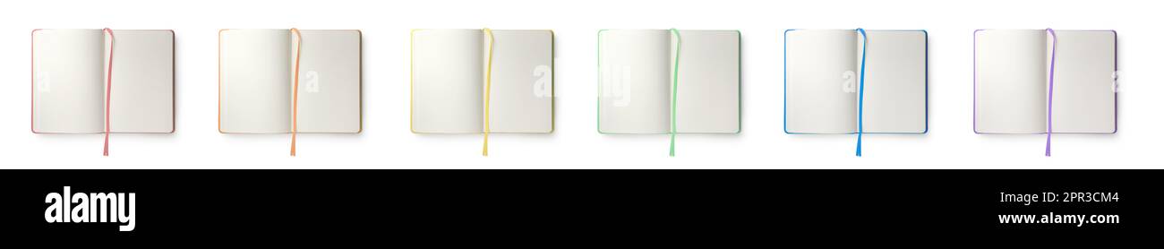 Set with different open notebooks with blank sheets on white background ...