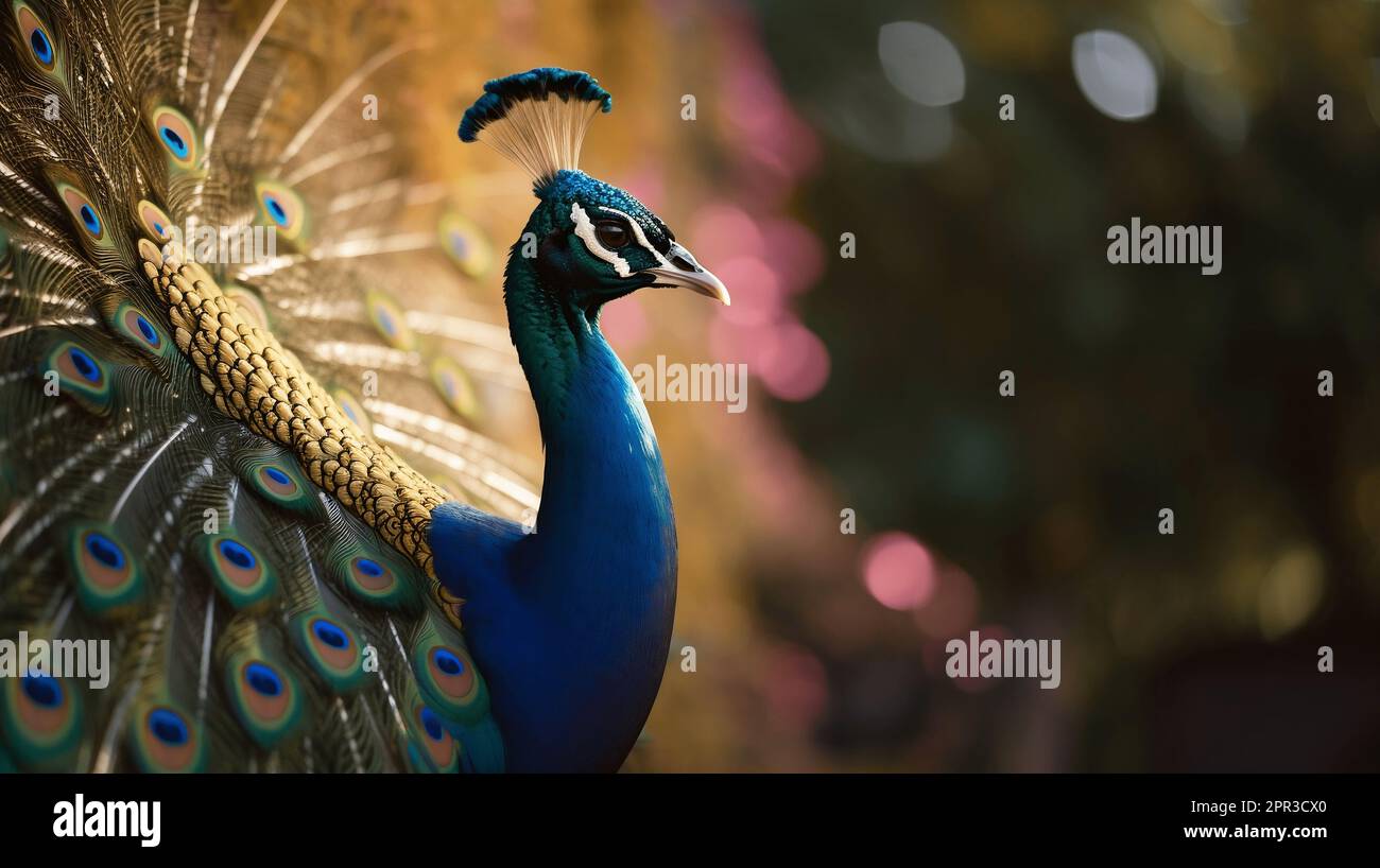 A beautiful peacock fans out its vibrant, iridescent plumage in a ...