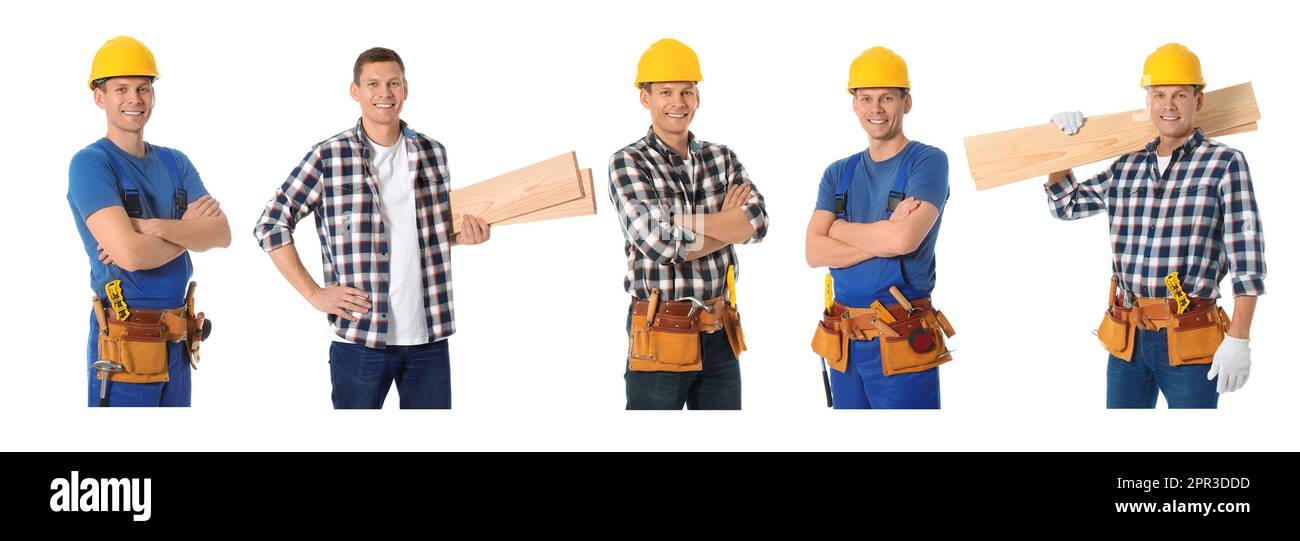 Collage with photos of carpenter with wooden planks on white background ...