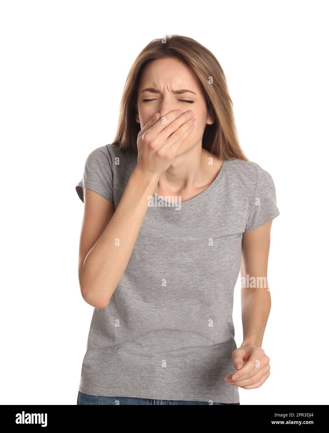 Woman suffering from nausea on white background. Food poisoning Stock ...
