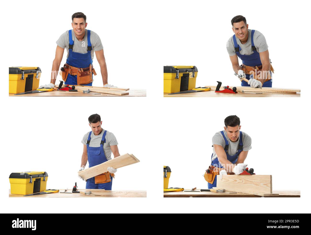 Collage with photos of carpenter working with timber at wooden table ...