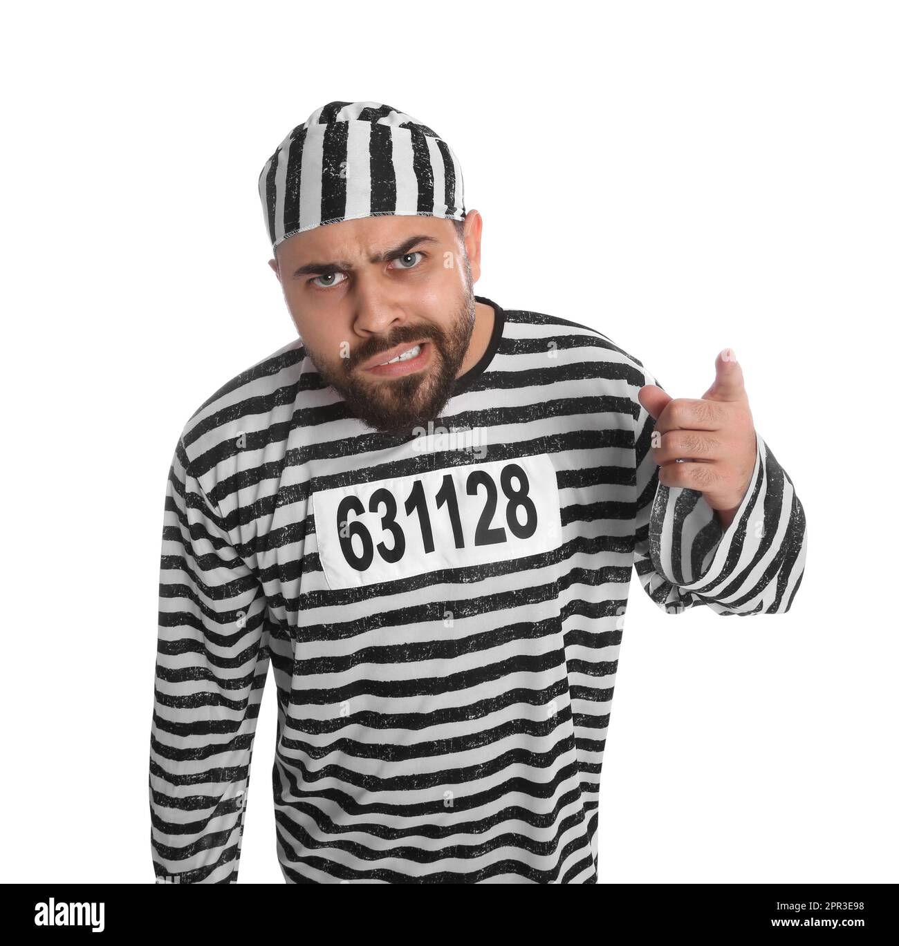 Prisoner in special uniform on white background Stock Photo - Alamy