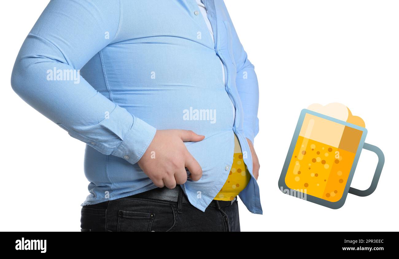 Beer belly problem. Overweight man on white background, closeup Stock ...
