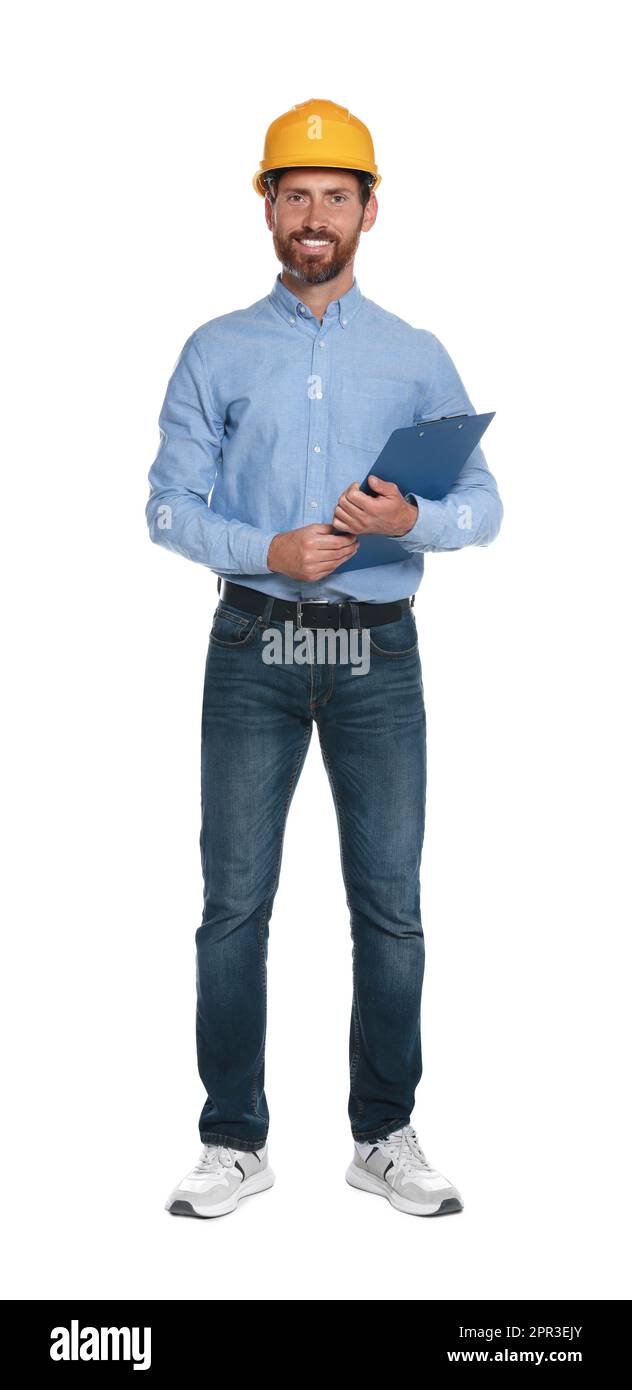 Professional engineer in hard hat with clipboard isolated on white ...