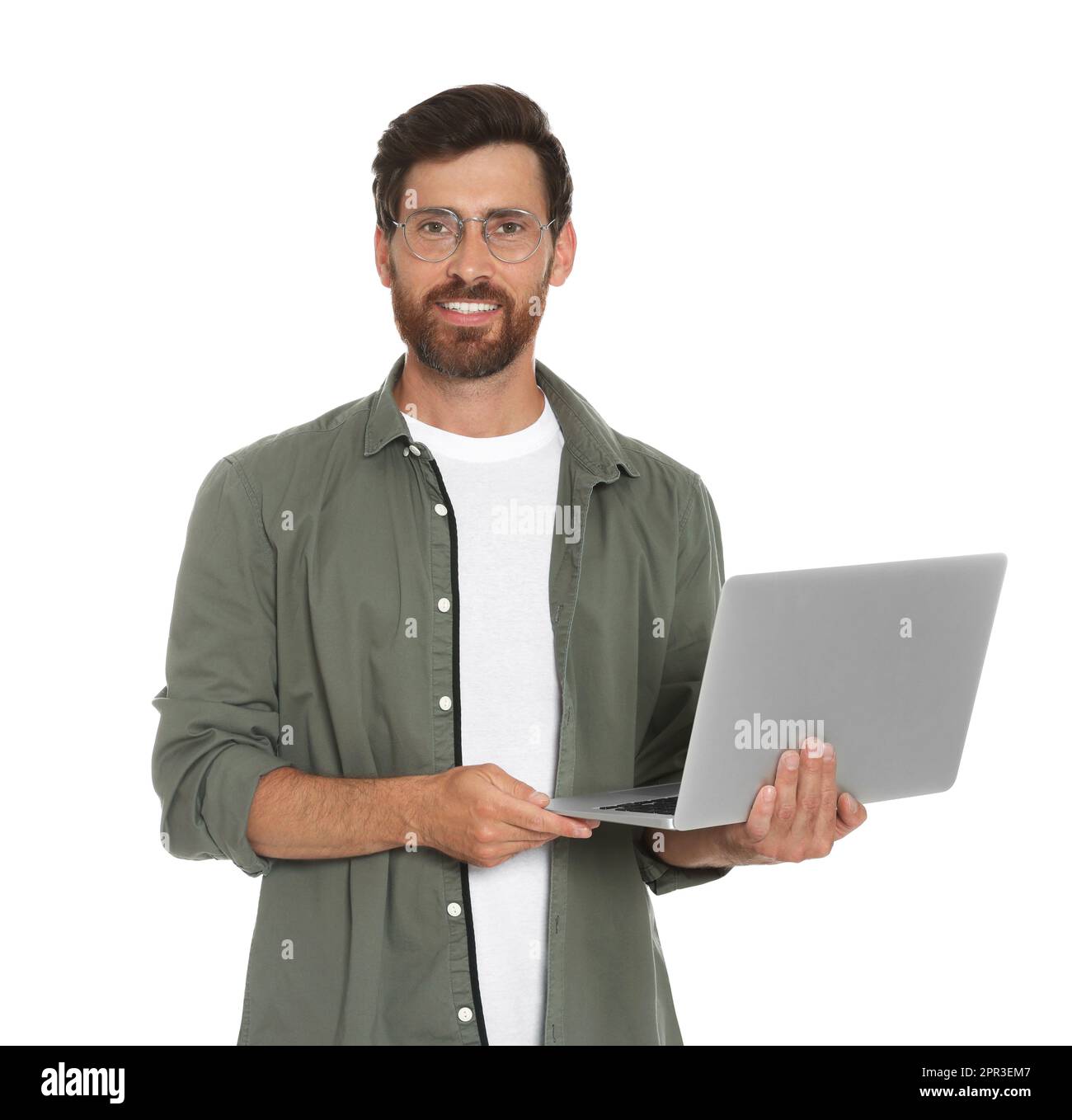 Handsome man holding laptop on white background Stock Photo - Alamy