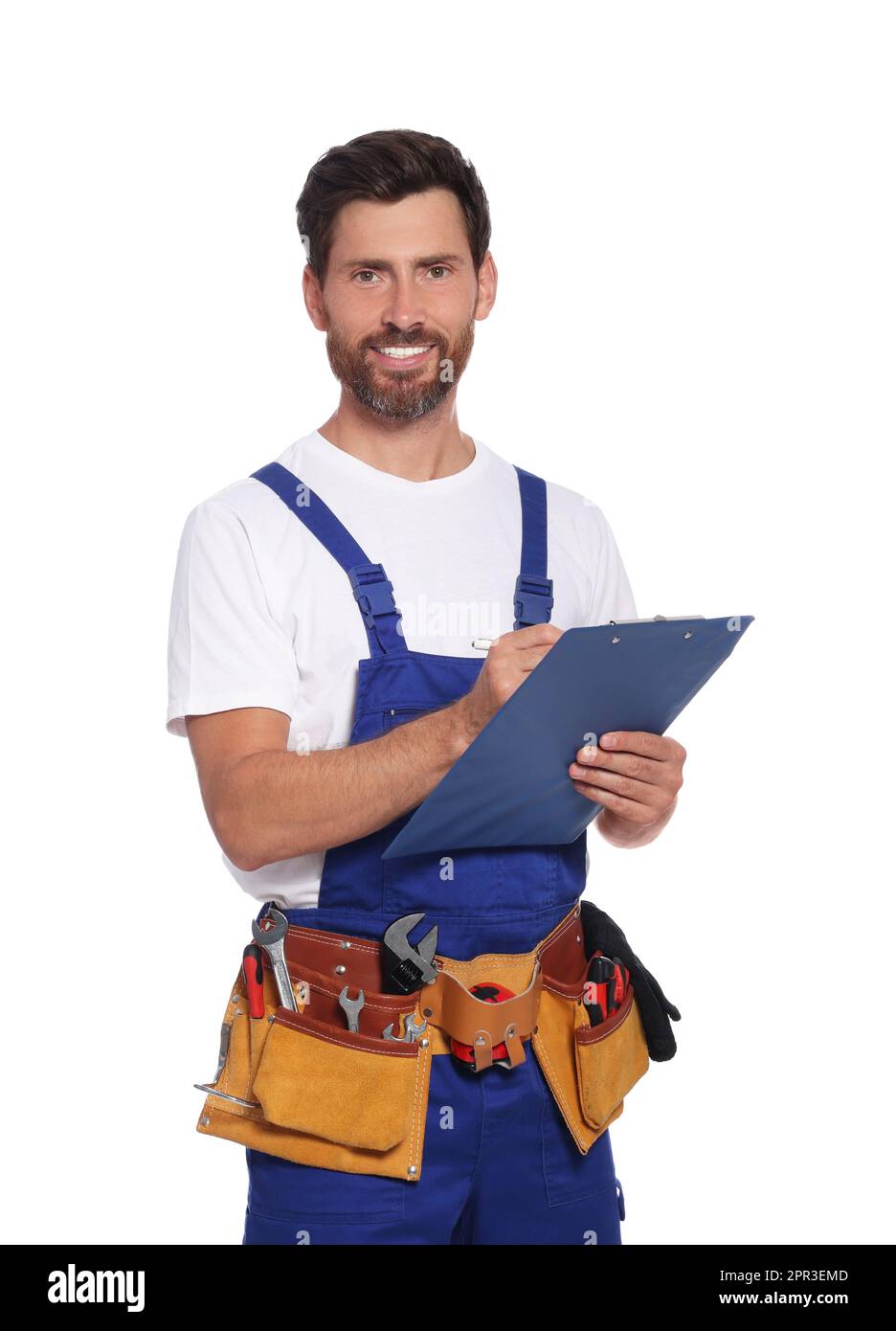 Professional plumber with clipboard and tool belt on white background ...