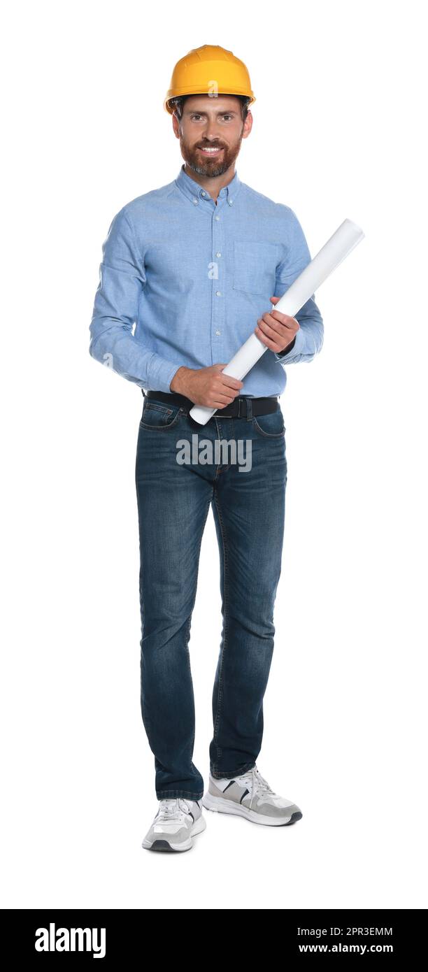 Professional engineer in hard hat with draft isolated on white Stock ...