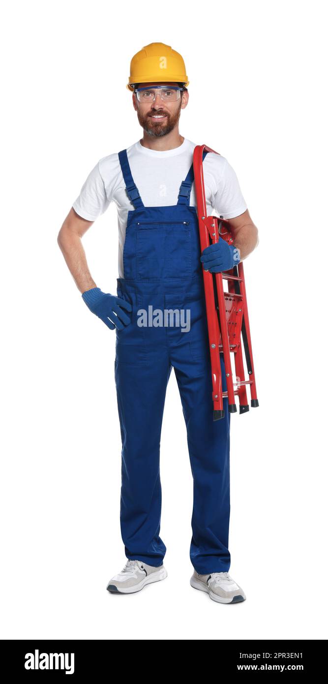 Professional builder in uniform with step ladder isolated on white ...