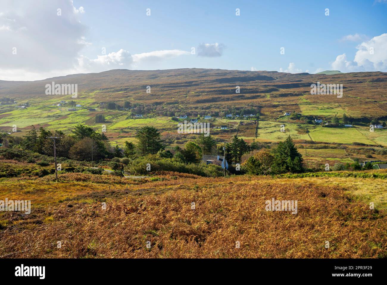 Single-track road with passing places winding through the dramatic ...