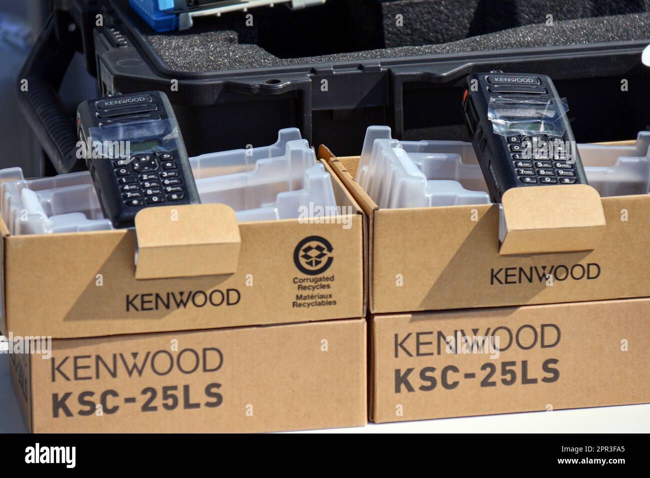 KOZYN, UKRAINE - APRIL 25, 2023 - Handheld transceivers conveyed by the ...