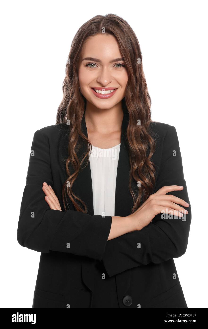Portrait of hostess in uniform on white background Stock Photo - Alamy