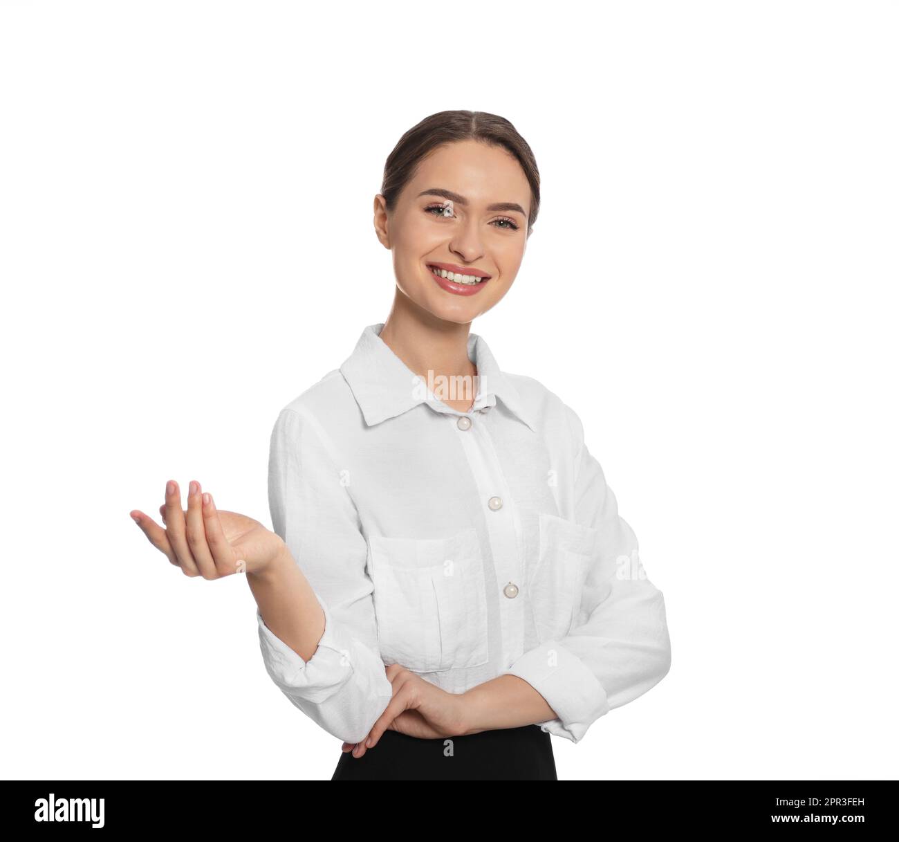 Portrait of hostess in uniform on white background Stock Photo - Alamy