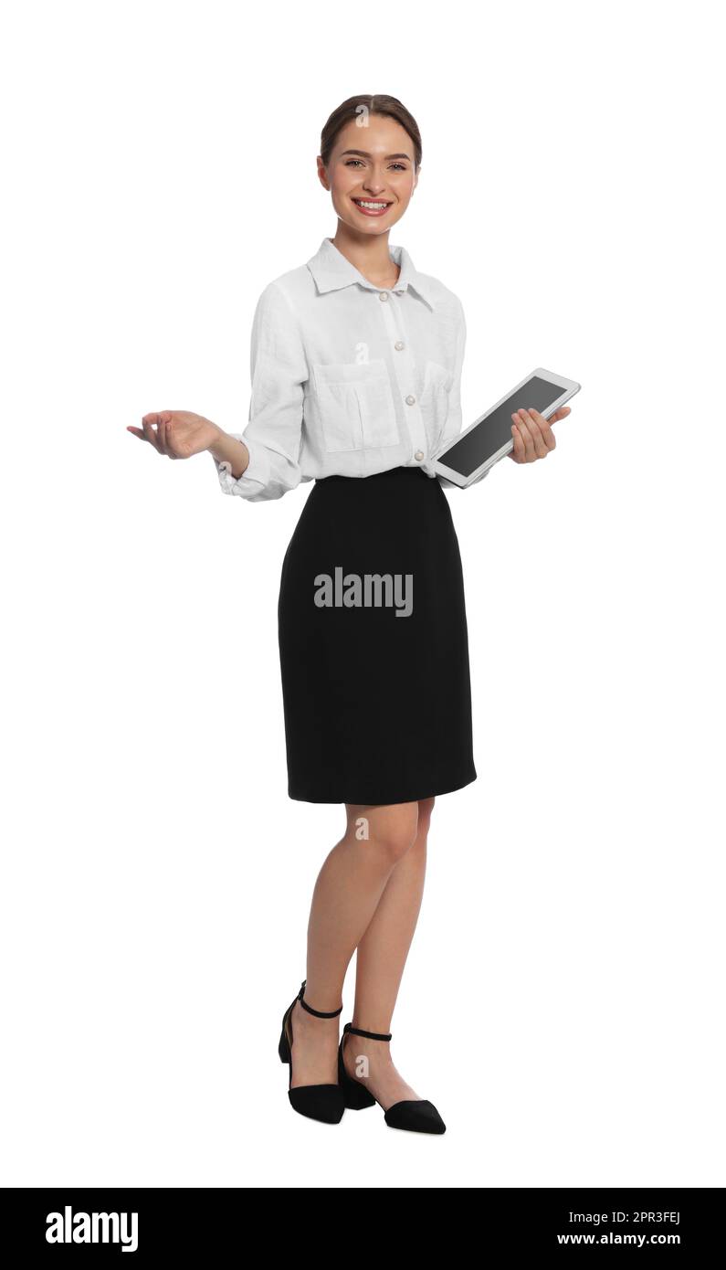 Full length portrait of hostess with tablet on white background Stock ...