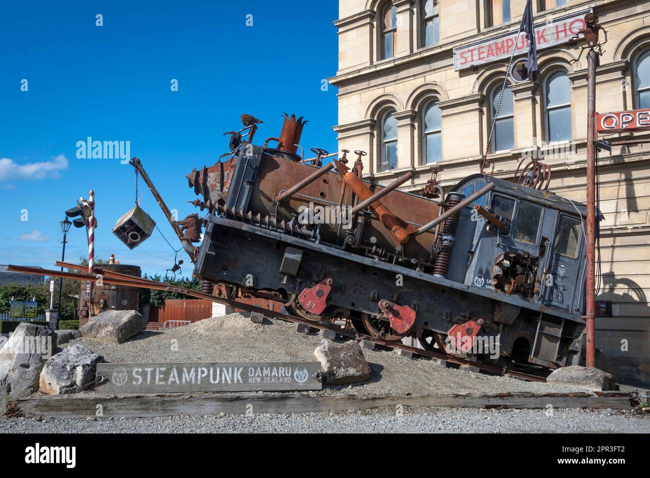 Steampunk locomotive outside "Steampunk Headquarters" museum, Oamaru ...