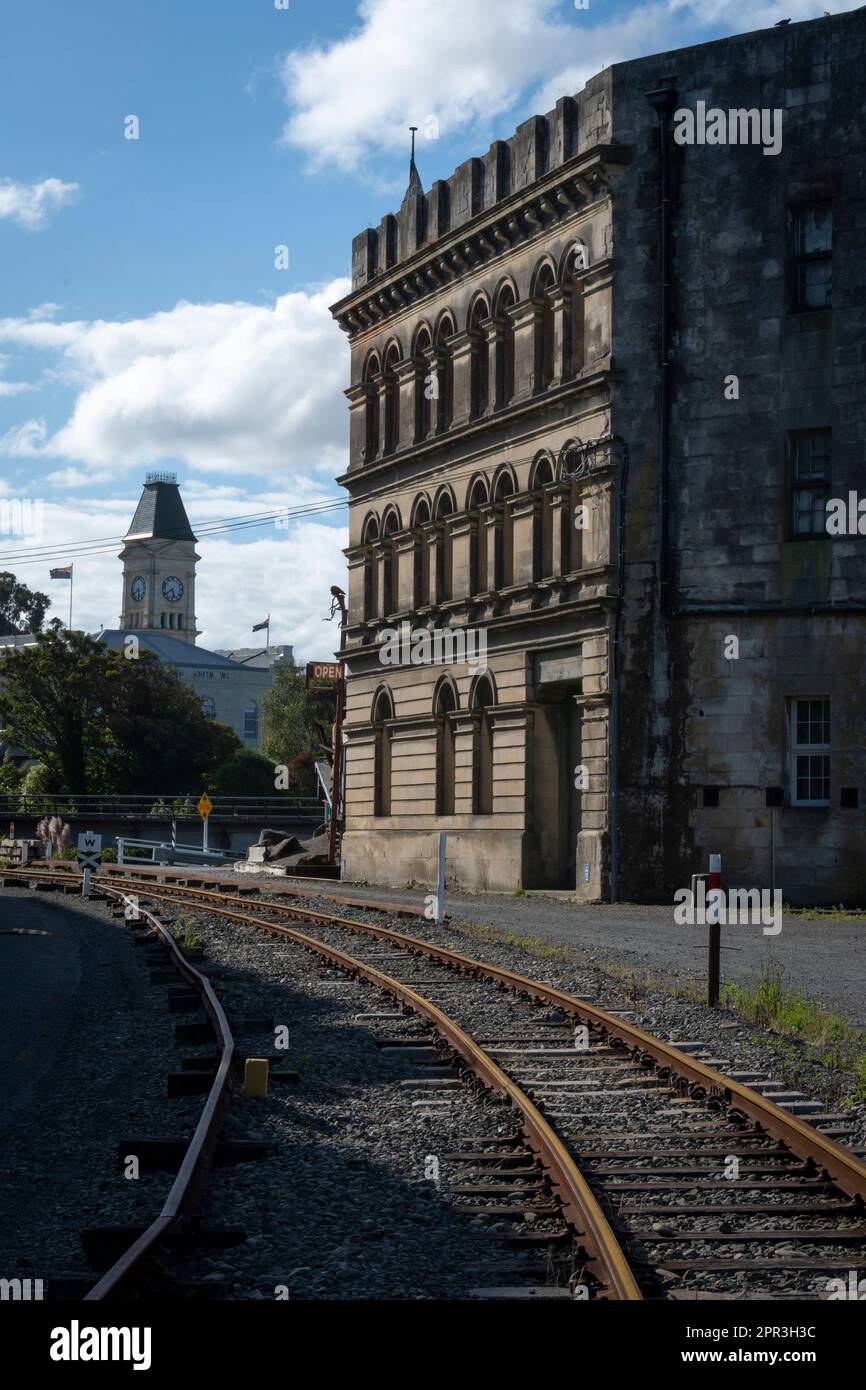 Railway track passing historic warehouse building, Oamaru, North Otago ...
