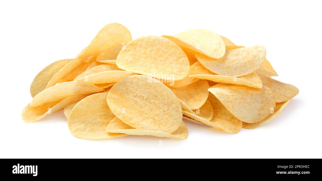 Heap of delicious potato chips on white background Stock Photo - Alamy