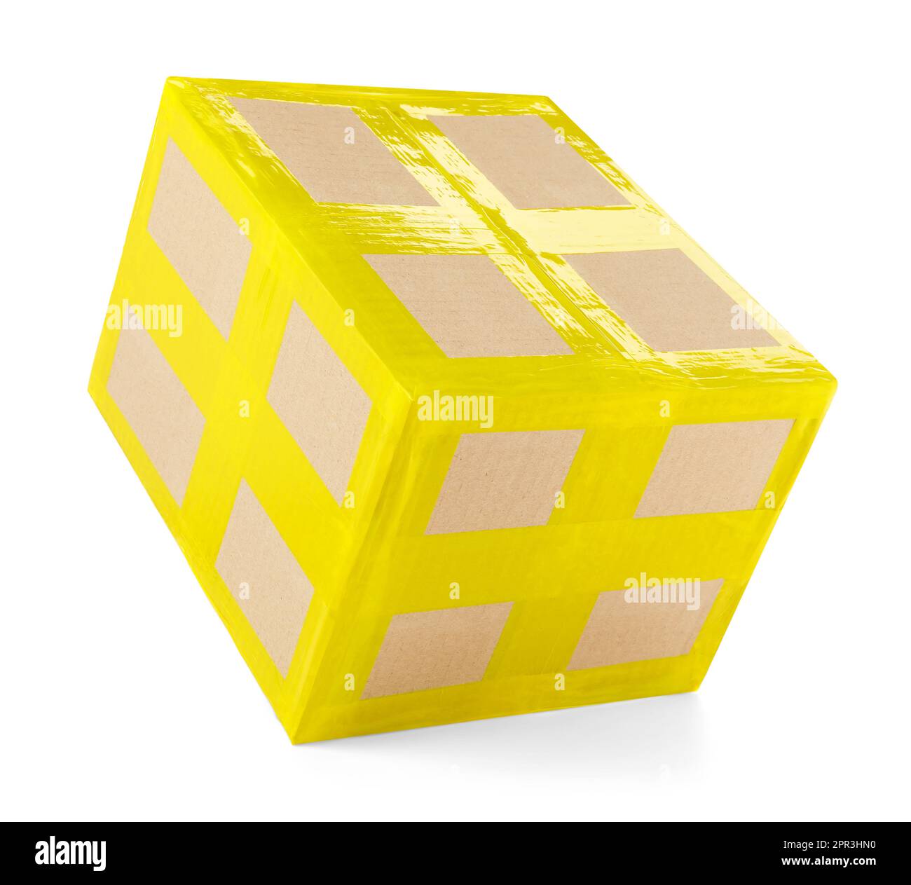 Cardboard parcel box with yellow sticky tape on white background Stock ...