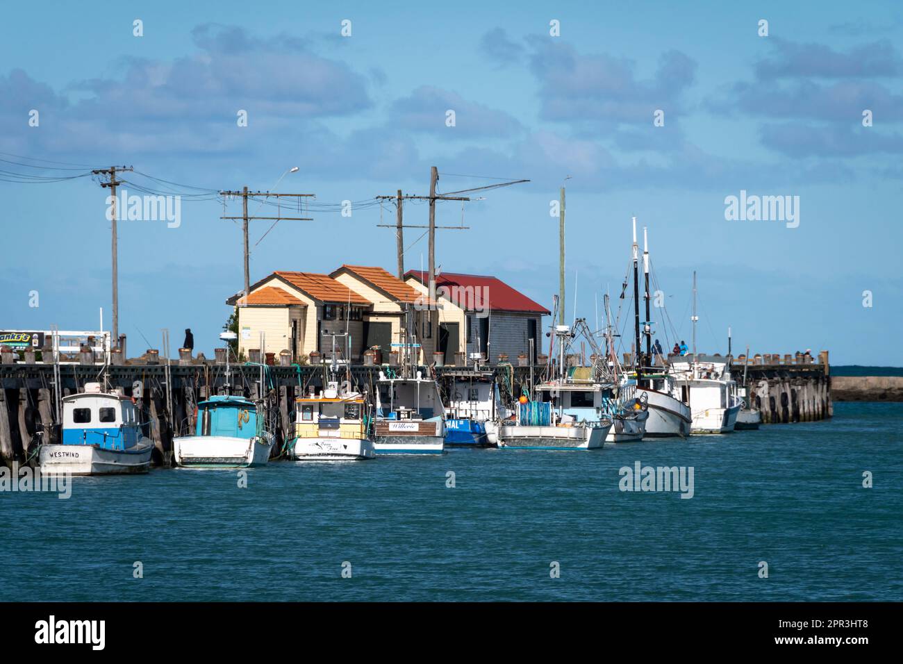 Fishing boats moored alongside Holmes Wharf, Oamaru harbour, North ...