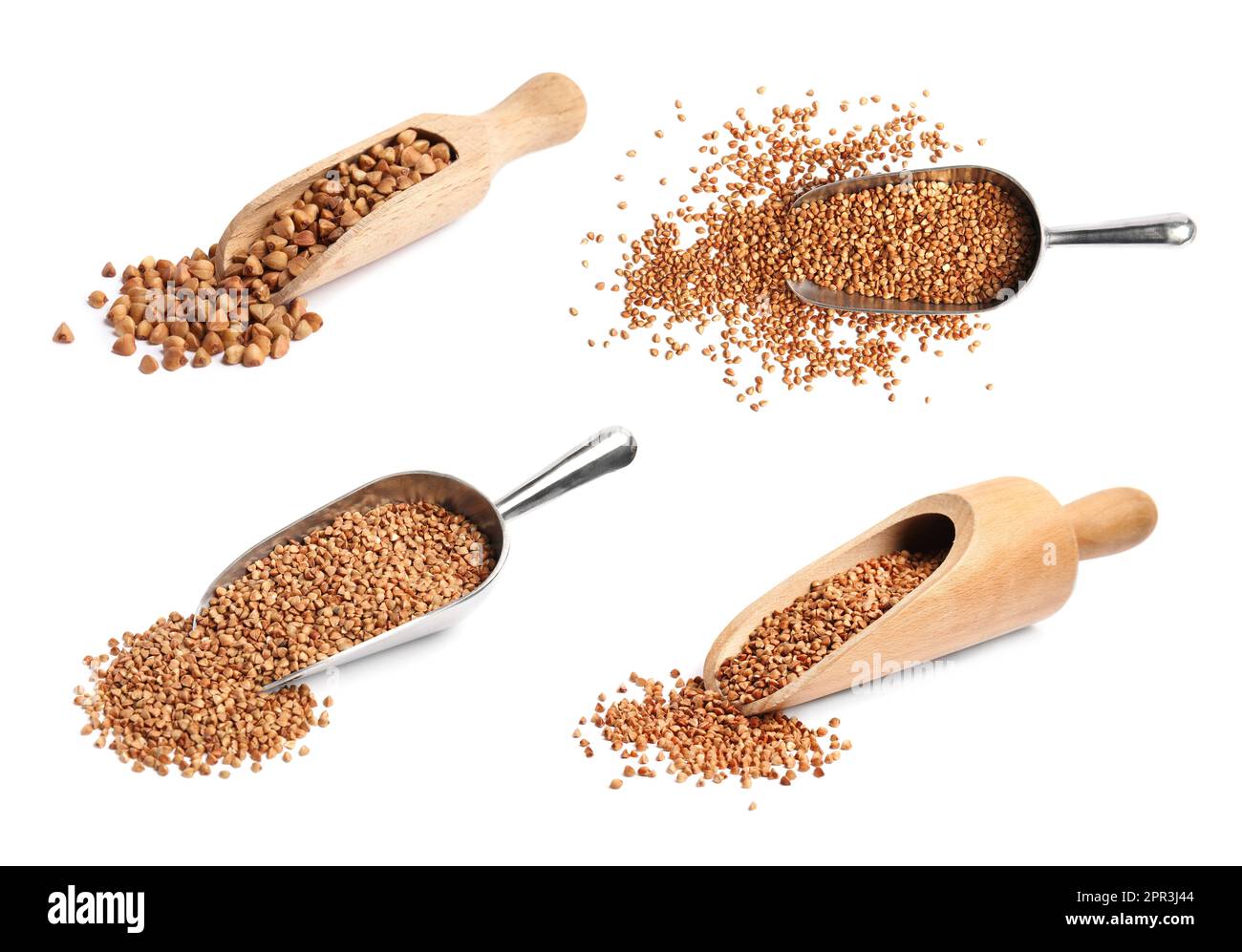Set with scoops of buckwheat grains on white background Stock Photo - Alamy