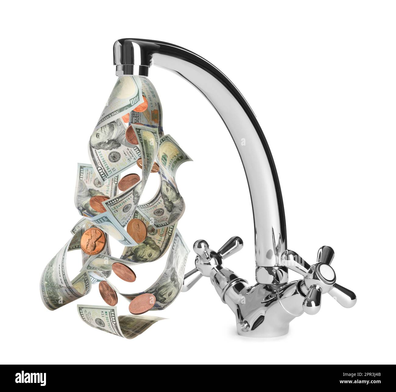 Faucet and dollar banknotes with cent coins on white background Stock ...