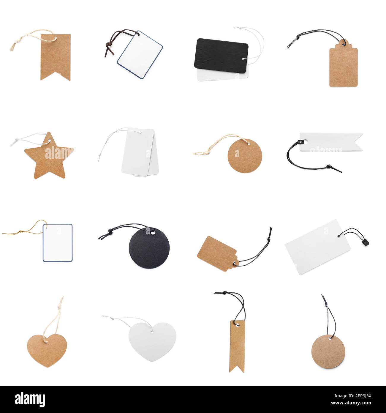 Set with different blank tags on white background, top view. Space for ...