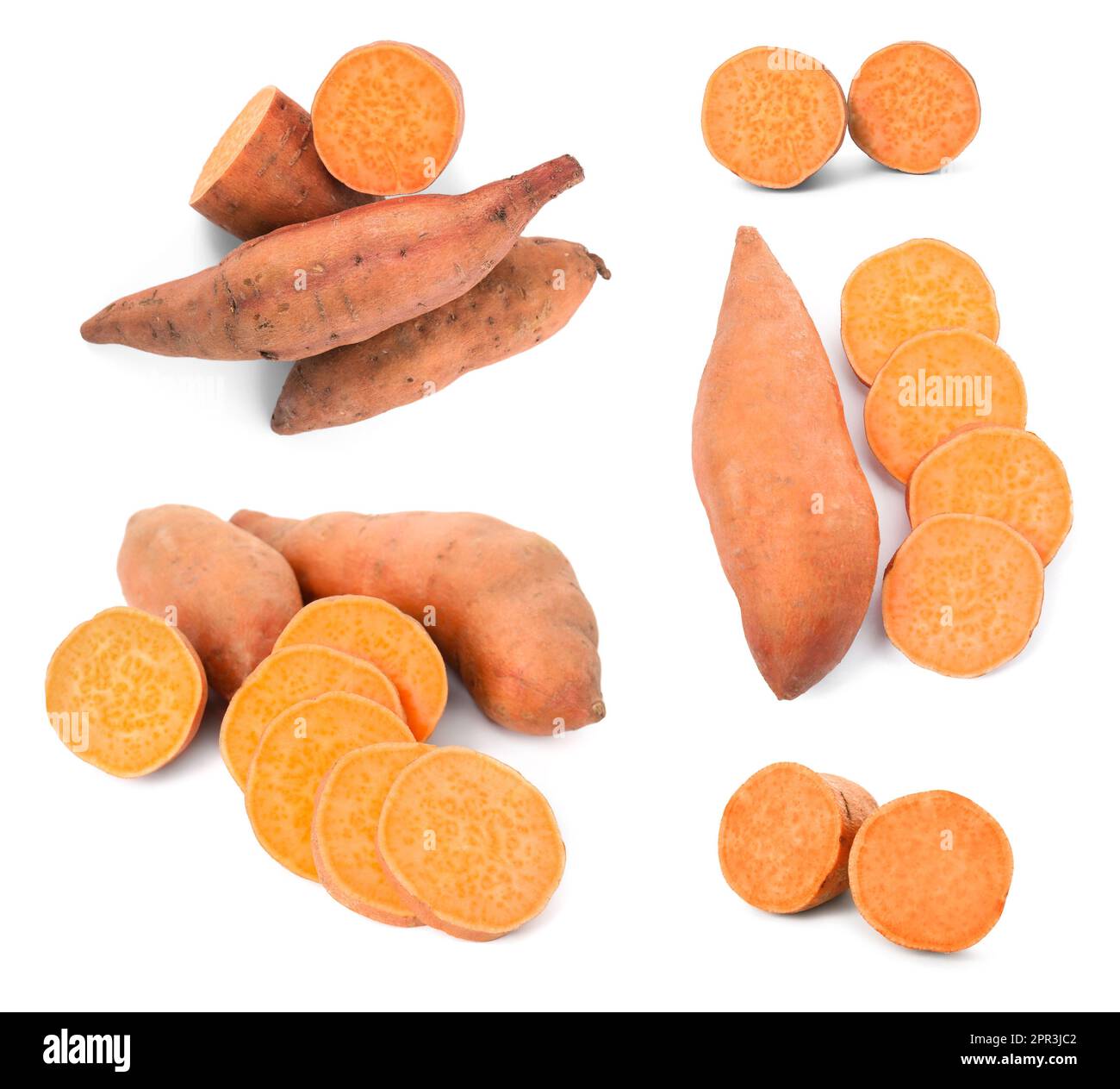 Set with whole and cut ripe sweet potatoes on white background Stock ...