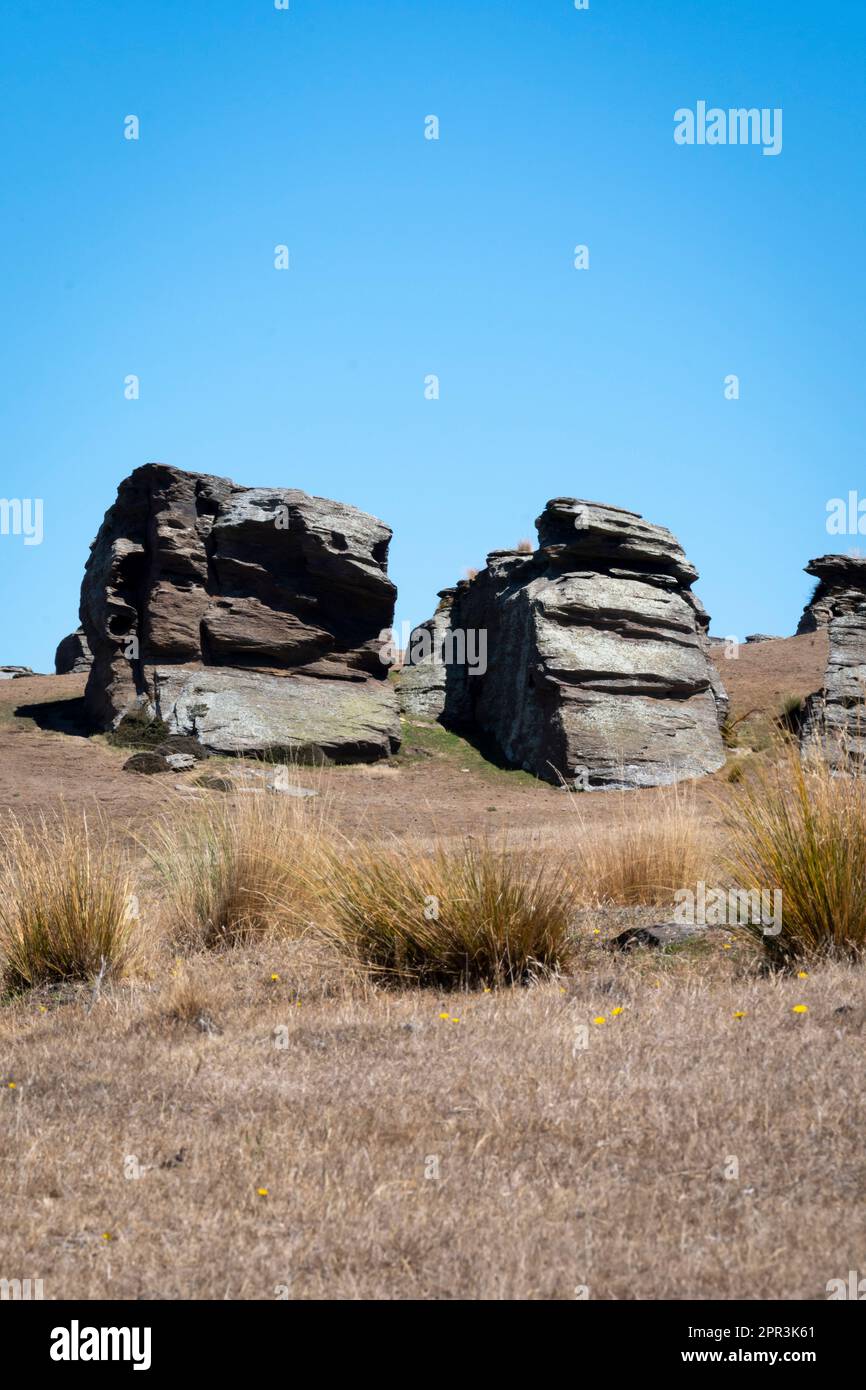 Schist rocks on hillside near Hyde, Central Otago, South Island, New ...