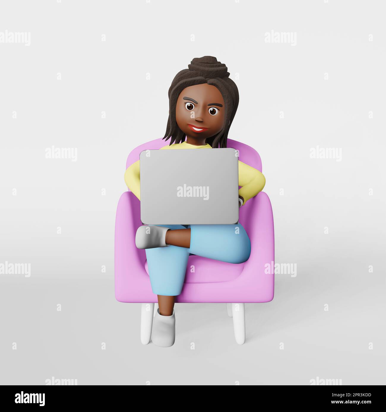 Smiling African American woman employee 3d character working typing on ...