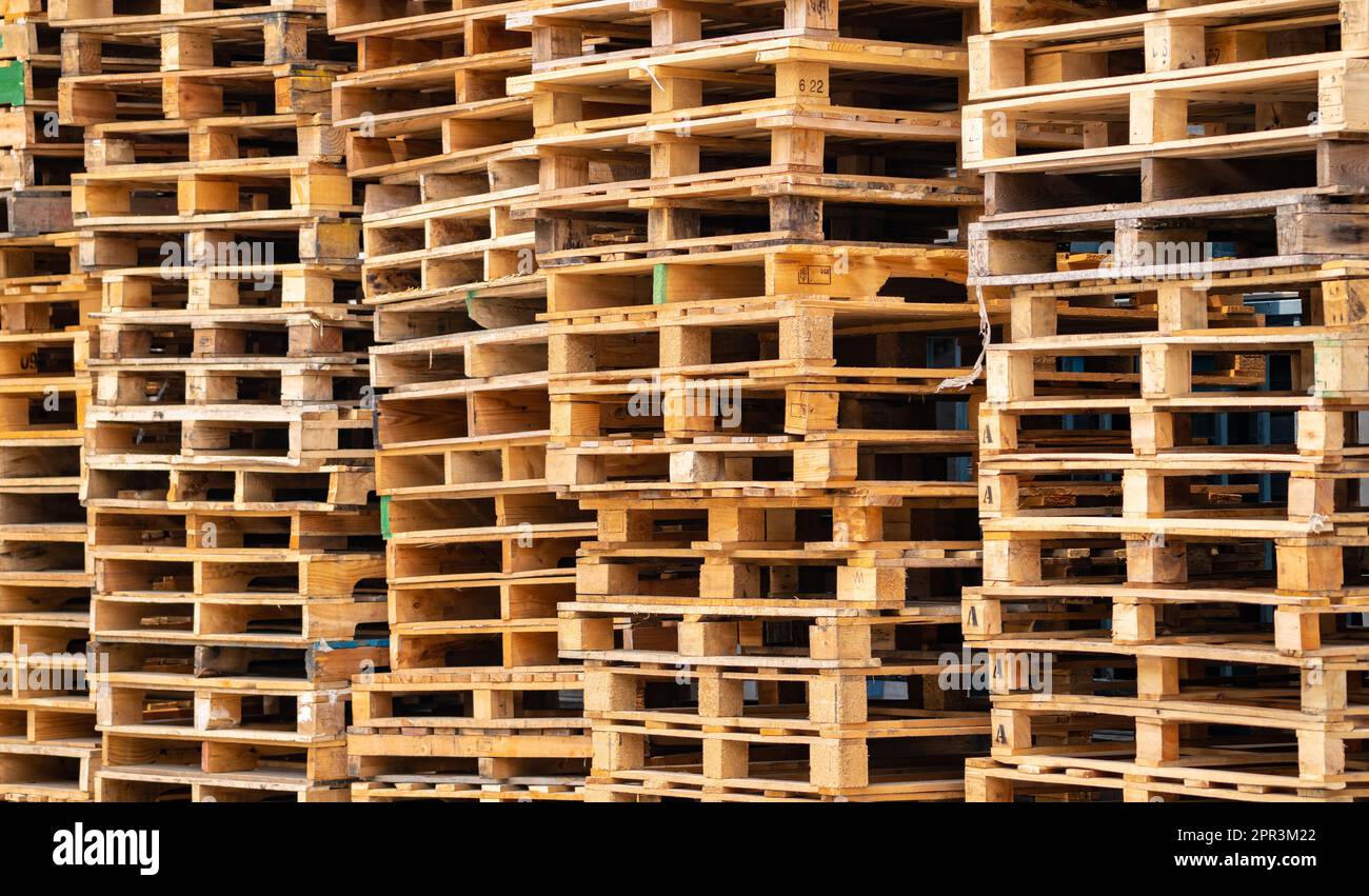 Stack of wooden pallet. Industrial wood pallet at factory warehouse ...