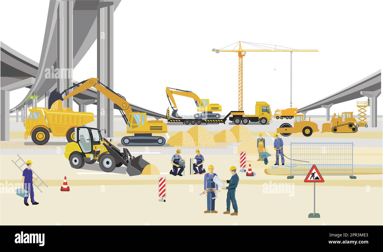 Bridges construction site with construction workers, illustration Stock ...