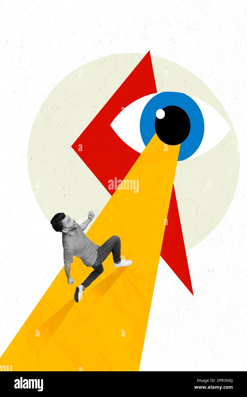 Photo collage of young man running away escape from eyesight oversee ...