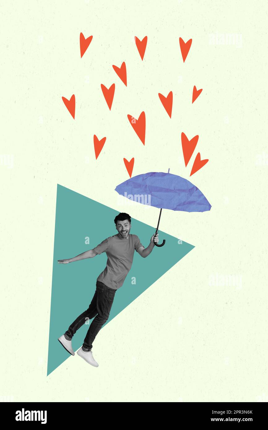 Composite art design collage of young guy hold umbrella protect his ...