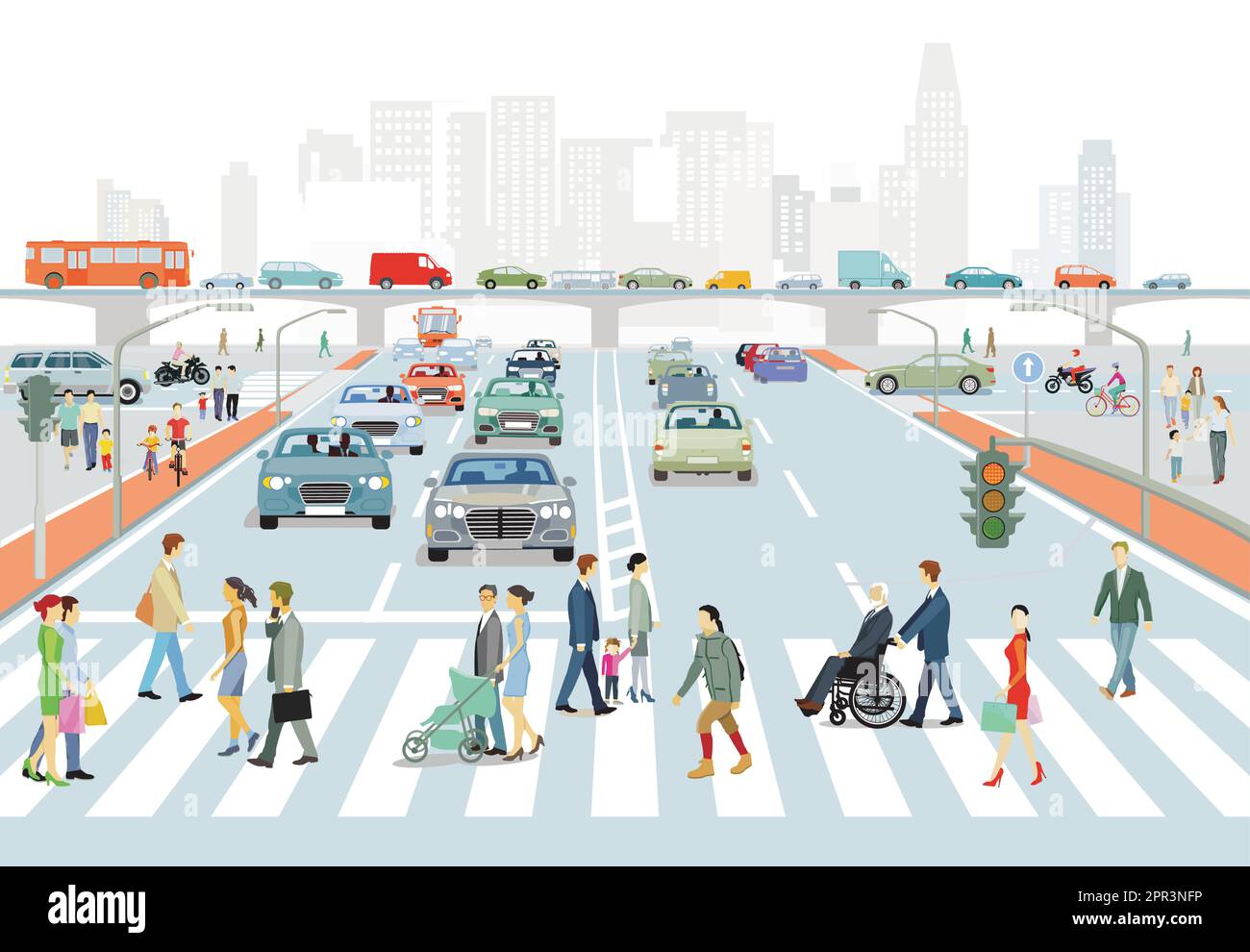 City with road traffic, skyscrapers, apartment buildings and ...