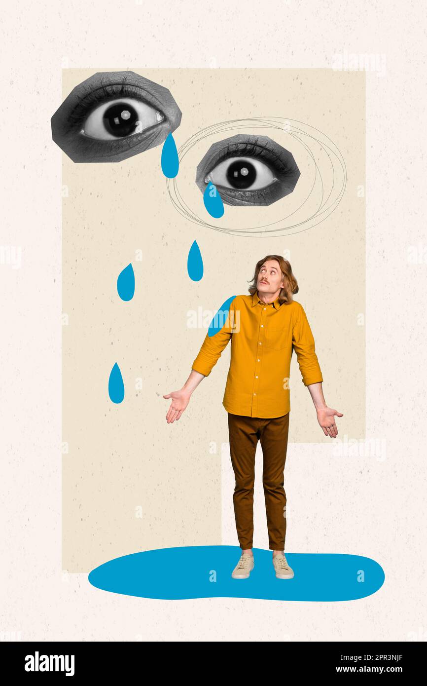 Collage creative picture of young misunderstanding man dont know why ...