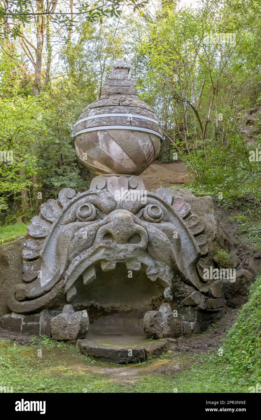 Ancient statue from park of monsters or sacred wood in Bomarzo, Italy ...