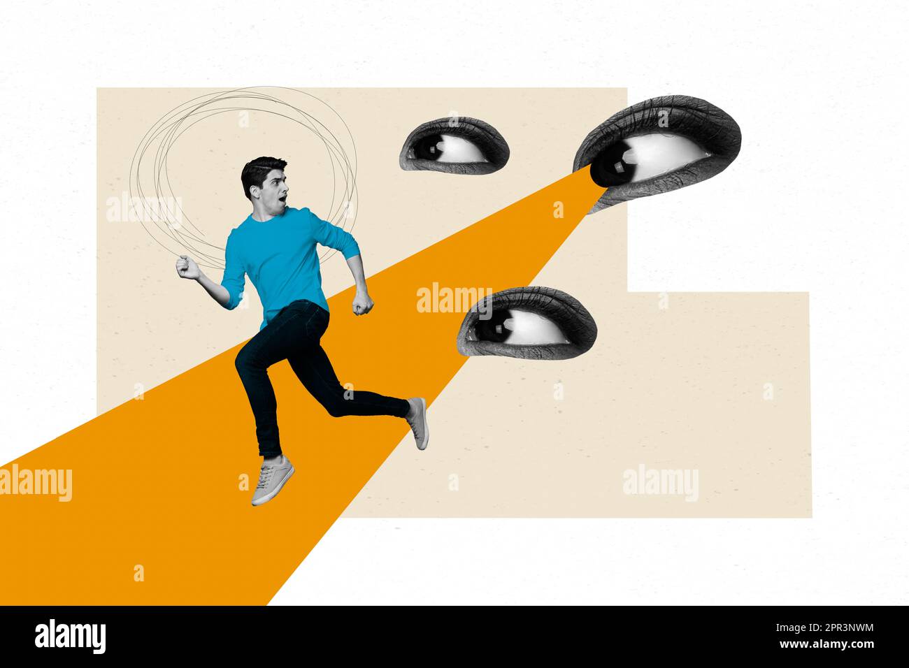 Artwork magazine collage picture of shocked guy running away eyes ...