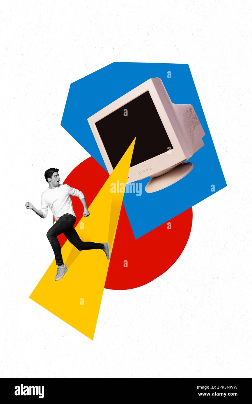 Collage 3d pinup pop retro sketch image of shocked guy running away ...