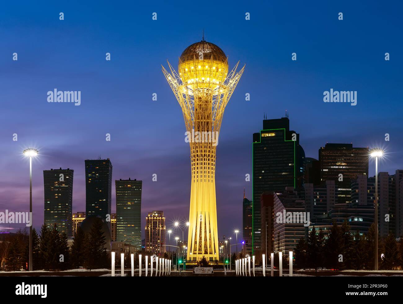 Silhouettes of skyscrapers at sunset in downtown of Astana city in ...