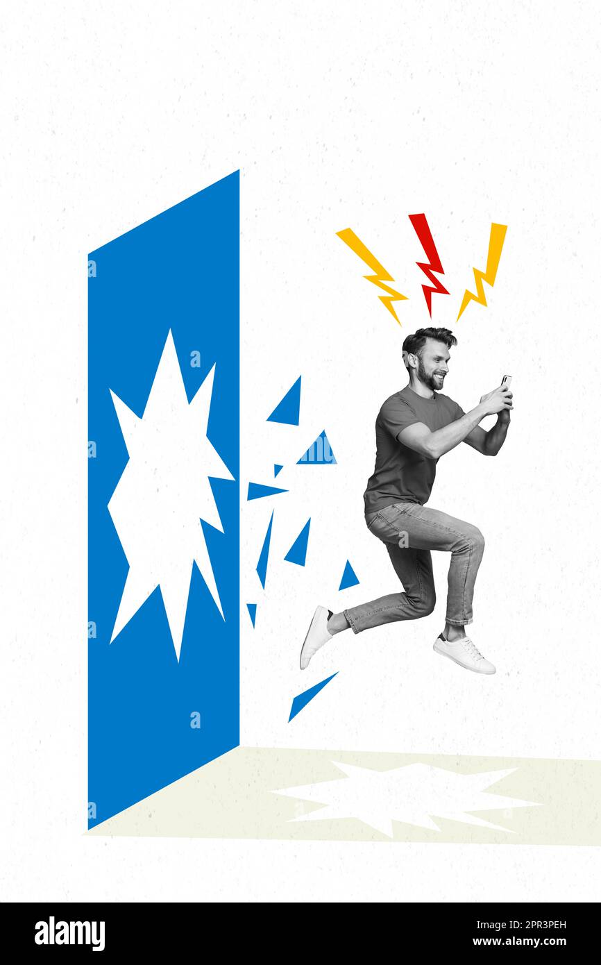 Vertical template collage of hypnotised funny man hold phone jumping ...