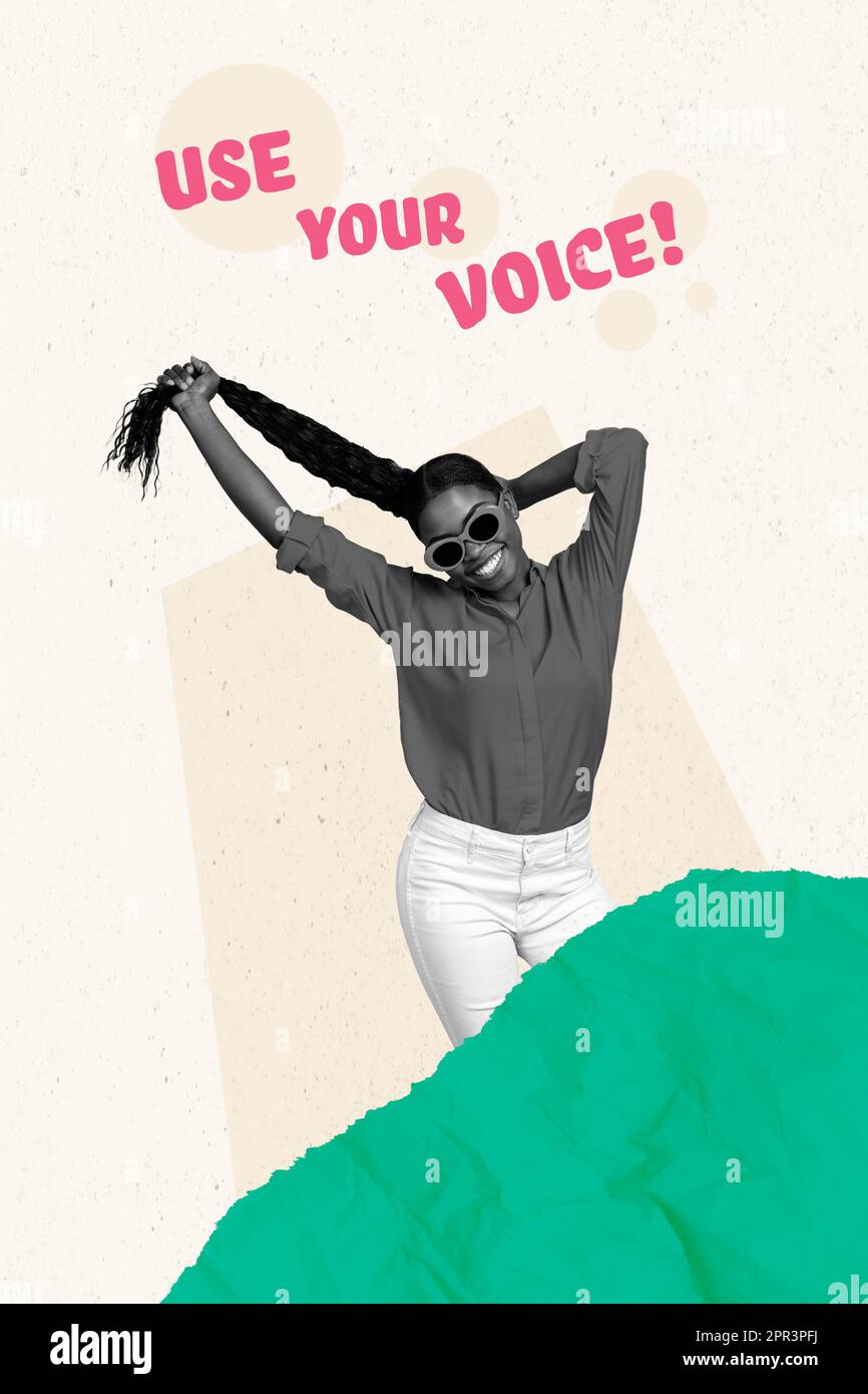 Composite poster collage of young cool girl wear sunglass smiling scream use your voice support ...